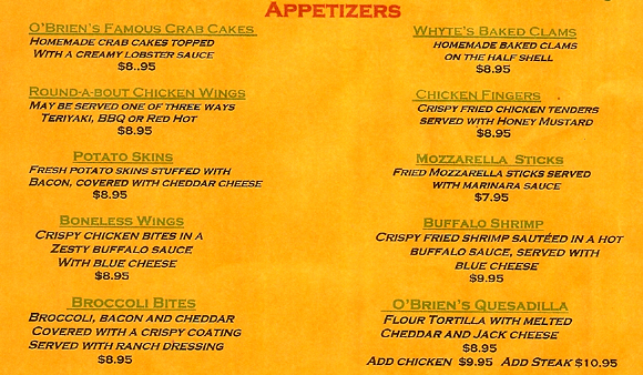 O'Brien's Ale House Grill Menu