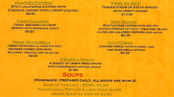 O'Brien's Ale House Grill Menu
