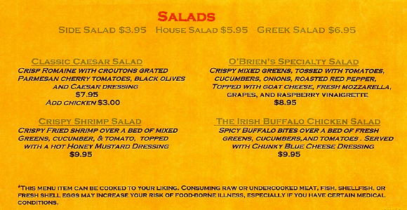 O'Brien's Ale House Grill Menu