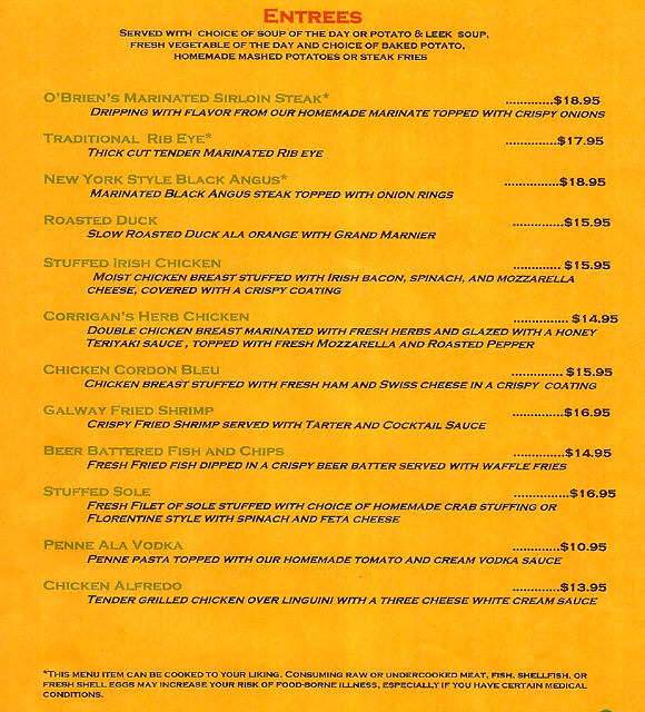 O'Brien's Ale House Grill Menu