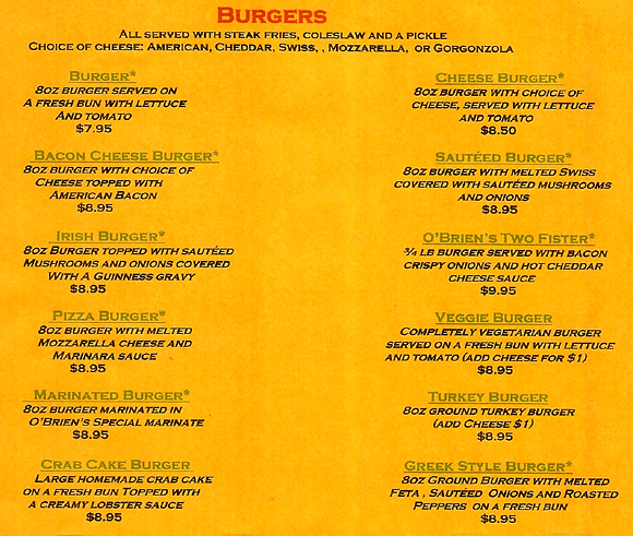O'Brien's Ale House Grill Menu